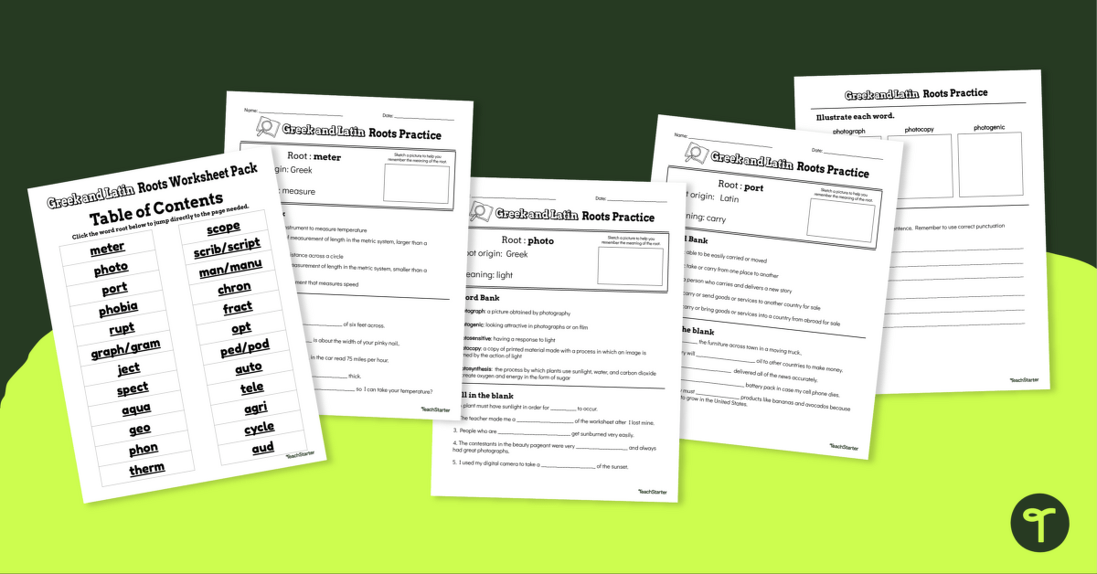 Greek And Latin Roots Practice Worksheet Bundle Teach Starter