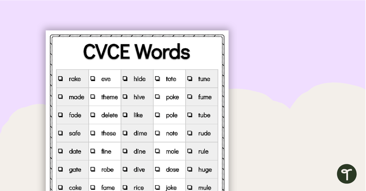Printable Word List CVCE Words Teach Starter