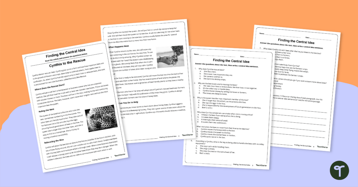 Finding The Central Idea Worksheet Teach Starter