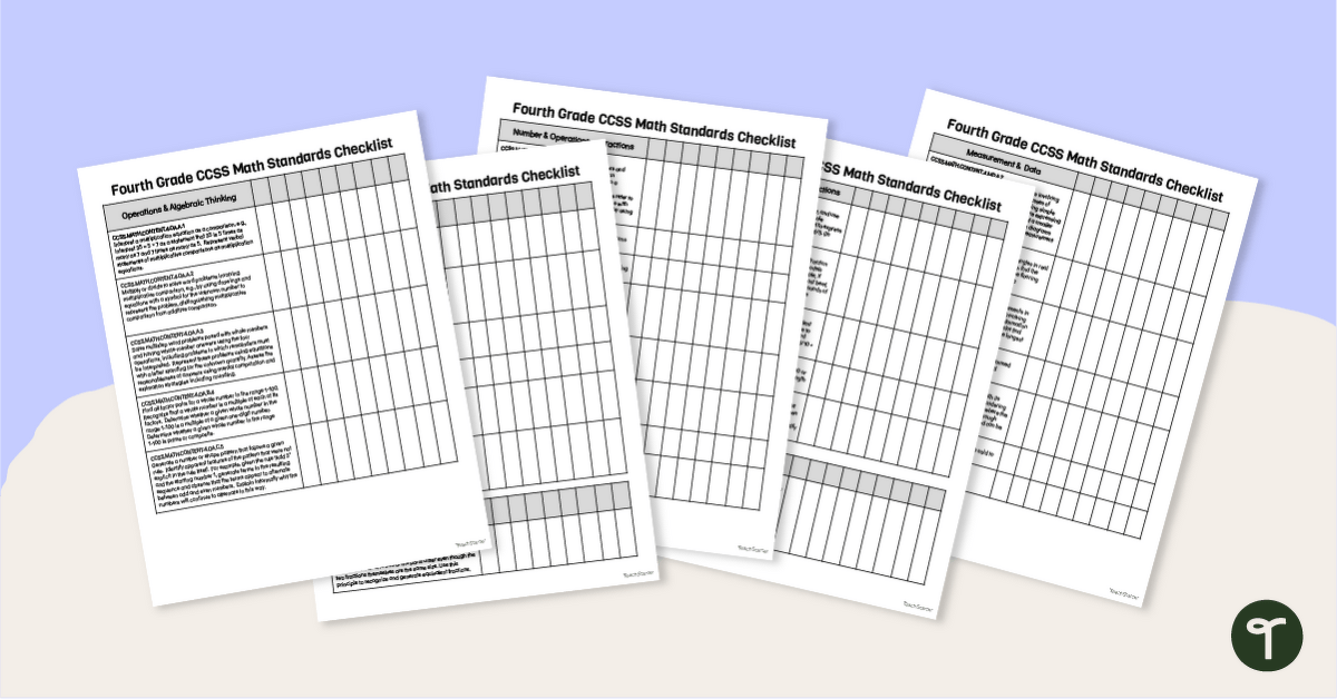 4th Grade Math Standards Tracker CCSS Teach Starter
